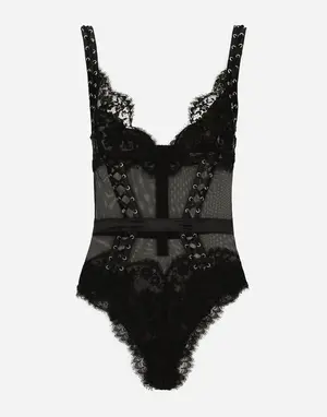 Dolce & Gabbana Lace And Tulle Bodysuit With Lacing And Eyelets - Black