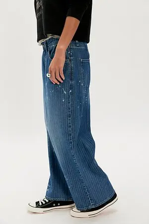 LEEM Loose Button-fly Striped Ankle Jeans
