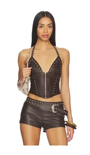 Superdown Melisa Faux Leather Halter Top With Stud Embellishments - Brown