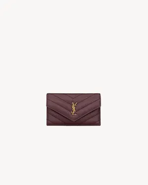 Saint Laurent CASSANDRE FRAGMENTS Flap Card Case In GRAIN DE POUDRE Leather In Bordeaux Rouge Cabernet
