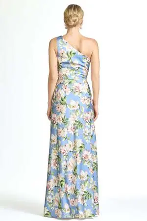 Sachin & Babi Floral Printed Satin Crepe One Shoulder A-line Gown - Twilight Camellia