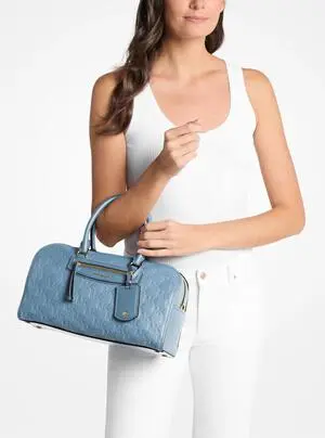 Michael Kors Jet Set Travel Medium Logo Embossed Leather Duffel Crossbody Bag