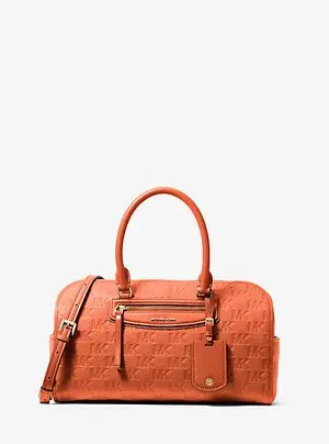 Michael Kors Jet Set Travel Medium Logo Embossed Leather Duffel Crossbody Bag - Orange