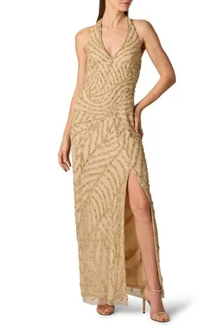 Aidan Mattox Sunburst Bead Detail Halter Neck Gown - Gold