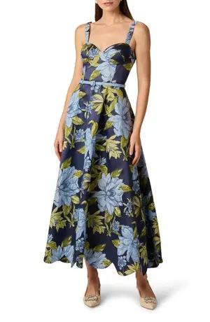 Aidan Mattox Floral Jacquard Party Dress - Blue Multi