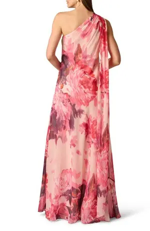 Aidan Mattox Printed One-shoulder Chiffon Gown