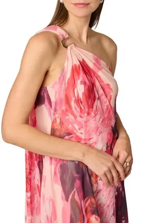 Aidan Mattox Printed One-shoulder Chiffon Gown