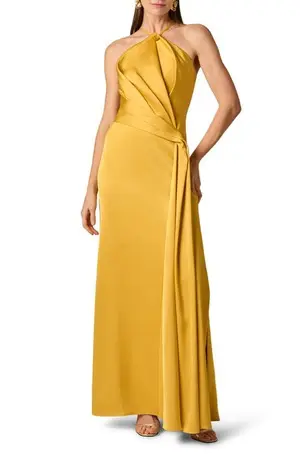 Aidan Mattox Pleated Crepe Back Satin Gown - Golden Rod