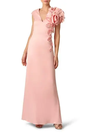 Aidan Mattox Stretch Mikado 3d Flower Gown - Pink Cloud