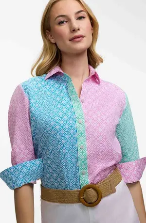 Foxcroft Meghan Geo Lattice Button-up Shirt - Pink/multi