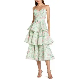 Mac Duggal Floral Net Strapless Tiered Ruffle Midi Dress - Mint Multi