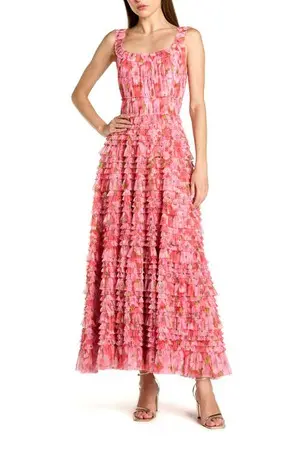 Mac Duggal Floral Printed Ruffle Tiered Maxi Dress - Cherry Multi