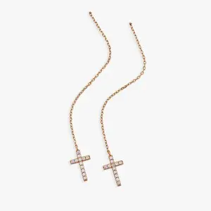 ALEX AND ANI Delicate Pave Cross Threader Earrings - Gold