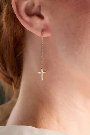 ALEX AND ANI Delicate Pave Cross Threader Earrings