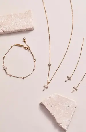 ALEX AND ANI Delicate Pave Cross Threader Earrings