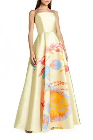 Mac Duggal Strapless Floral Printed Mikado Ball Gown - Butter Multi