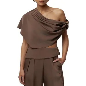 JLUXLABEL Draped One-shoulder Top With Cuff Detail - Chocolate