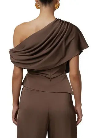 JLUXLABEL Draped One-shoulder Top With Cuff Detail - Chocolate