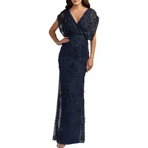 Mac Duggal Mac Duggal Beaded V-Neck Short Sleeve Blouson Gown Navy