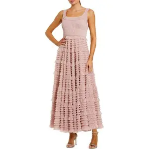 Mac Duggal Micro Ruffle Sleeveless Tiered Maxi Dress - Rose