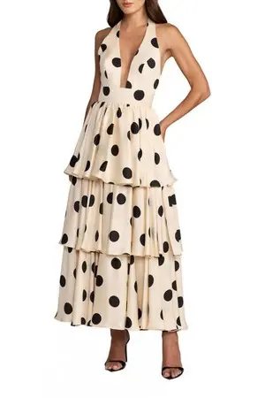 Mac Duggal Halter Neck Polka Dot Ruffle Maxi Dress - Black Ivory