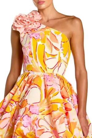 Mac Duggal Floral One-shoulder Faille Mini Dress - Sunshine Multi