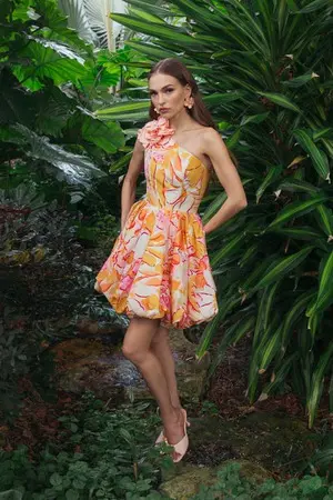 Mac Duggal Floral One-shoulder Faille Mini Dress - Sunshine Multi