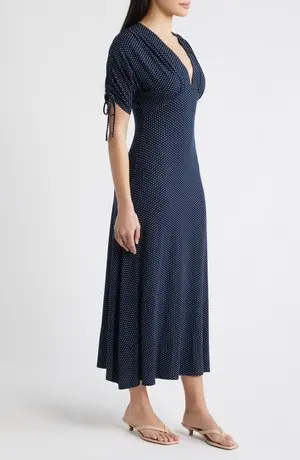 Loveappella Ruched Sleeve Empire Waist Maxi Dress - Navy
