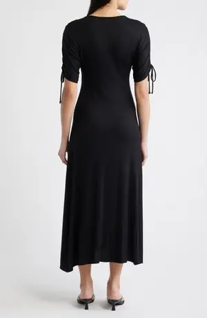 Loveappella Ruched Sleeve Empire Waist Maxi Dress - Black