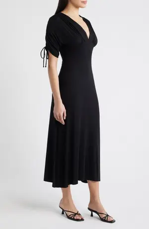 Loveappella Ruched Sleeve Empire Waist Maxi Dress - Black