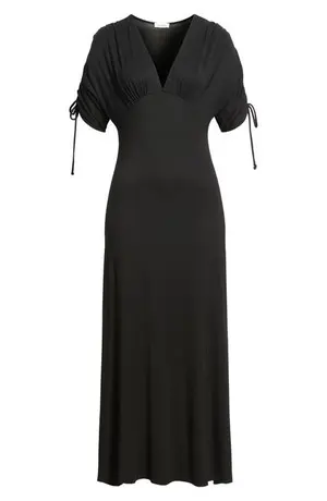 Loveappella Ruched Sleeve Empire Waist Maxi Dress - Black