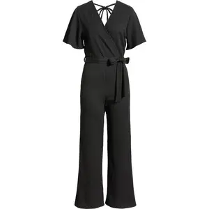 Loveappella Flutter Sleeve Textured Jumpsuit - Black