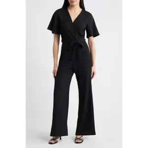 Loveappella Flutter Sleeve Textured Knit Jumpsuit - Black