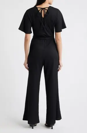 Loveappella Flutter Sleeve Textured Knit Jumpsuit - Black