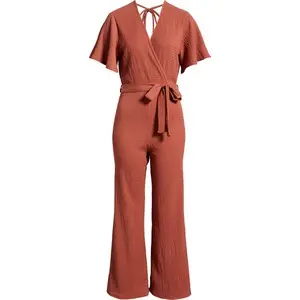 Loveappella Flutter Sleeve Textured Jumpsuit - Marsala