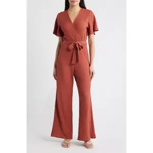 Loveappella Flutter Sleeve Textured Knit Jumpsuit - Marsala