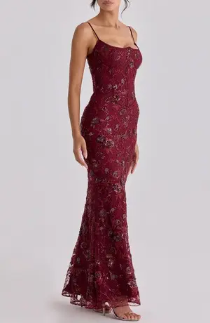 House Of Cb Naima Hand-beaded Gown - Wine