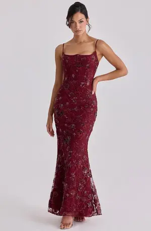 House Of Cb Naima Hand-beaded Gown - Wine