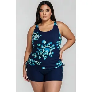 CALYPSA Maya Tankini Swim Top Removable Cups And Navy Swim Shorts Set - Barbados Blue