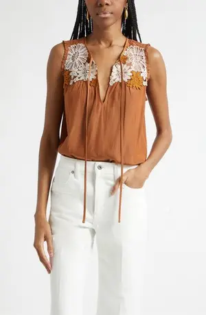 Ramy Brook Adaline Embroidered Sleeveless Top - Coffee