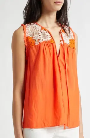 Ramy Brook Adaline Embroidered Sleeveless Top - Sunset Orange