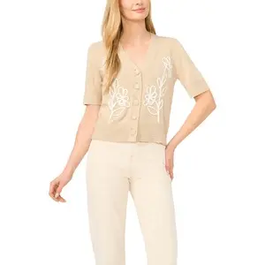 CECE DUPRAZ Embroidered Floral Short Sleeve Cardigan - Oatmeal Taupe