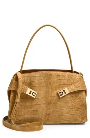FERRAGAMO Hug Croc Embossed Suede Handbag Naturale 6