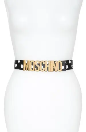 Moschino Logo Plate Polka Dot Saffiano Leather Belt - Black/gold
