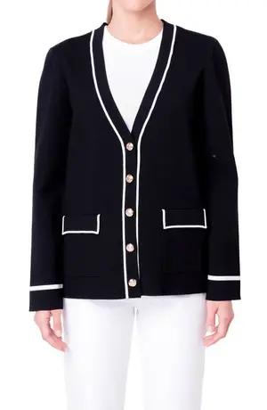 English Factory Contrast V-neck Cardigan - Black/white