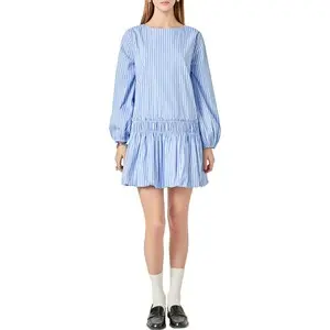 English Factory Stripe Long Sleeve Cotton Blend Minidress - Powder Blue