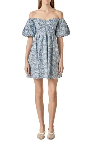 English Factory Floral Off The Shoulder Cotton Minidress - Blue