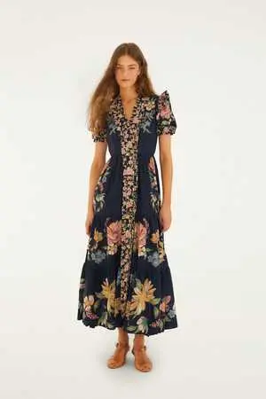 Farm Rio Floral Maxi Dress - Maira Floral Dark Blue