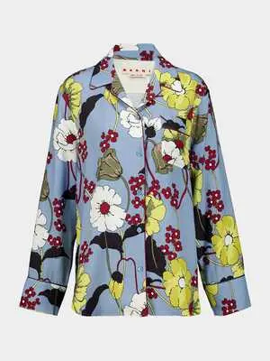 Marni Satin Pajama Shirt With Floral Print - Blue