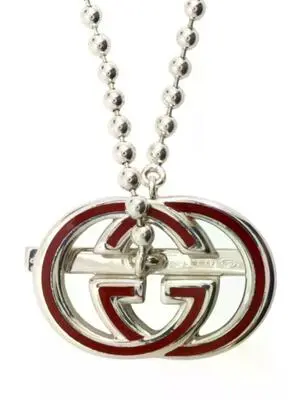 Gucci 2000-2015 Sterling Silver Lacquered Interlocking G Pendant Ball Chain Necklace - Red